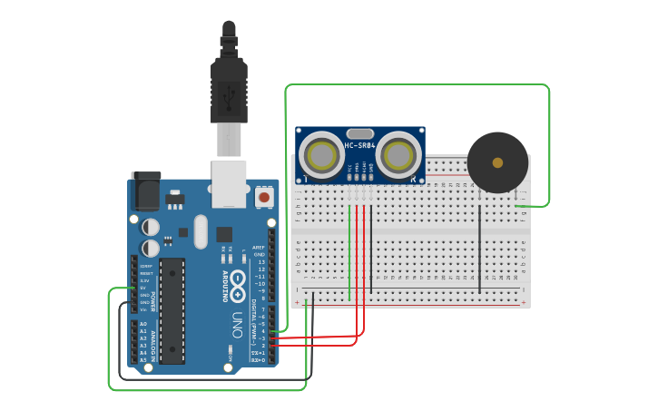 Circuit design Ultrasonic sensor with buzzer - Tinkercad