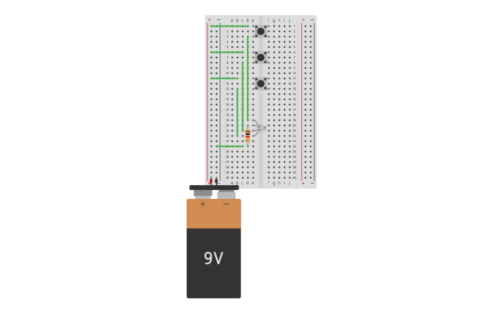 Circuit design RGB-LED on 3 buttons - Tinkercad