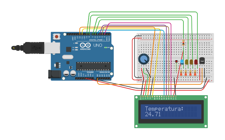 Circuit design SENSOR DE TEMPERATURA 4 LEDS - Tinkercad