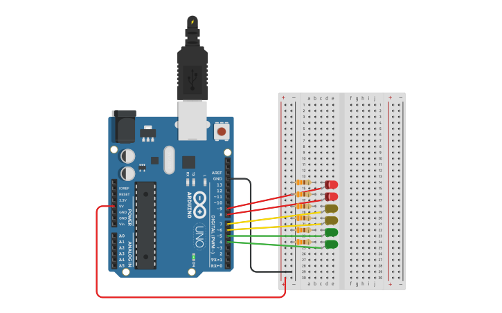 Circuit design Funcionamiento del Arduino por medio de un protoboard | Tinkercad