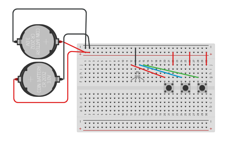 Circuit Design Controlando Led Rgb Com Botoes Com Duas Pilhas De 3v Tinkercad