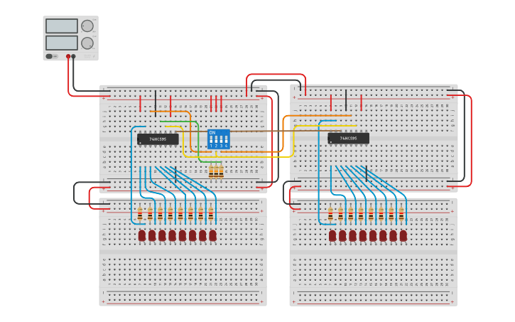 Circuit design 16-Bit Shift Register - Tinkercad