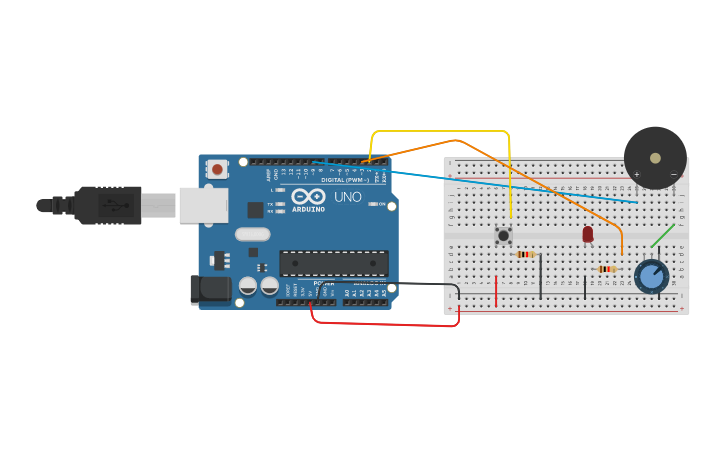 Circuit design Copy of Arduino buzzer with led and push button - Tinkercad