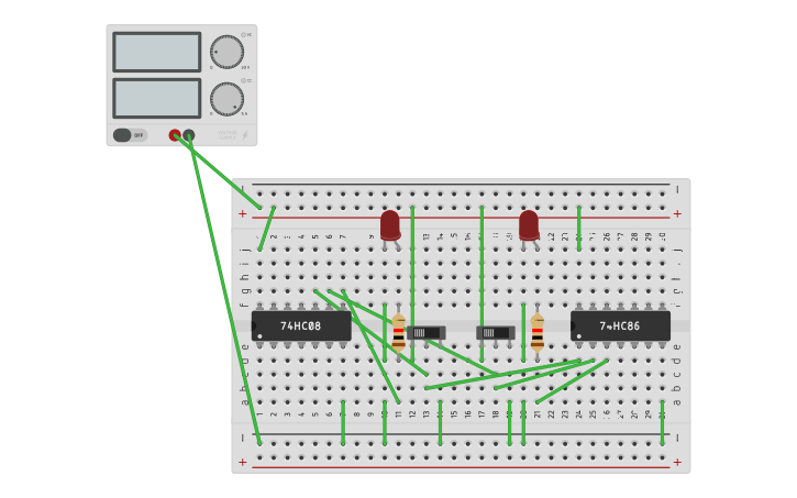 Circuit design HALF ADDER(XOR-7486,AND-7408) | Tinkercad