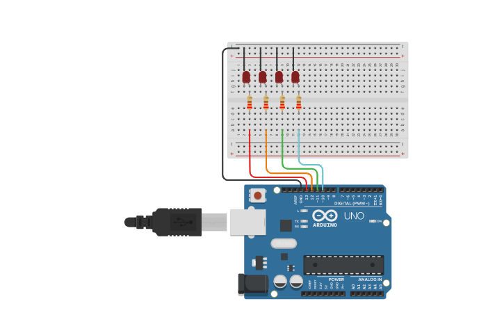 Circuit design Part 4 4 LED Sequence Loops | Tinkercad
