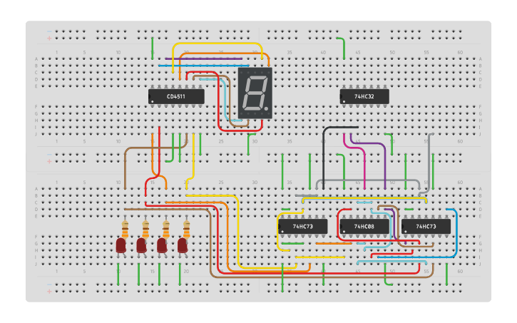 Circuit design Sync. down counter mod. 10 - Tinkercad