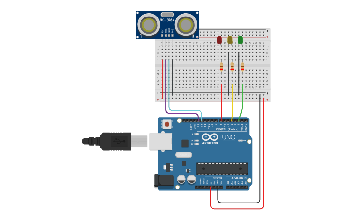 Circuit design ARDUINO_SEMAFORO COM SENSOR ULTRASSÔNICO - Tinkercad