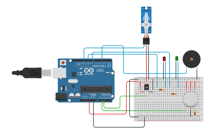 Circuit design Fire Alarm and Water sprinkler system - Tinkercad