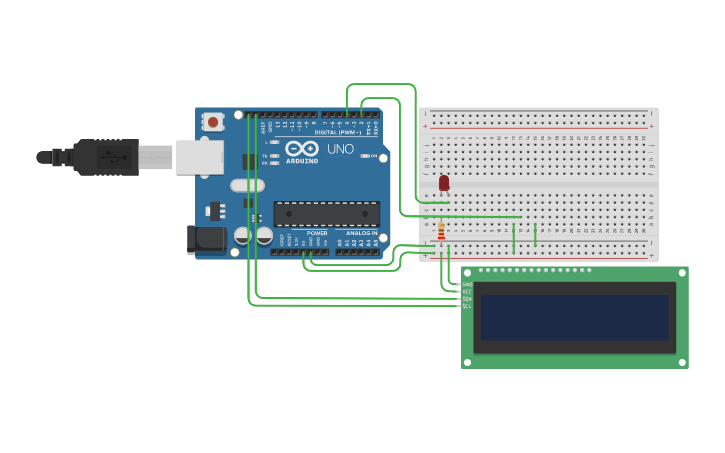 Circuit design dht + lcd + led - Tinkercad