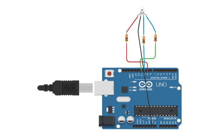 Circuit design Program 1.3: RGB Light Color Mixing with Resistor on Arduino Uno - Tinkercad