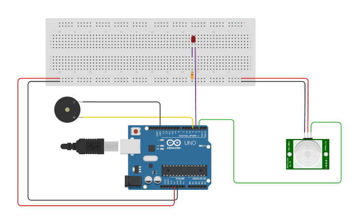 Circuit design Sistema de alarma con sensor pir - Tinkercad