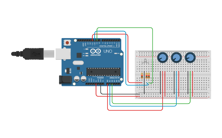 Circuit design Encender LED RGB con 3 potenciometros | Tinkercad