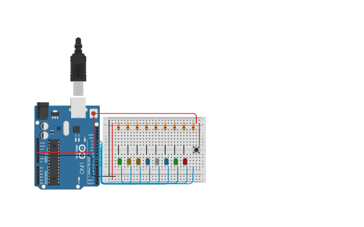 Circuit design secuencia de leds por boton - Tinkercad