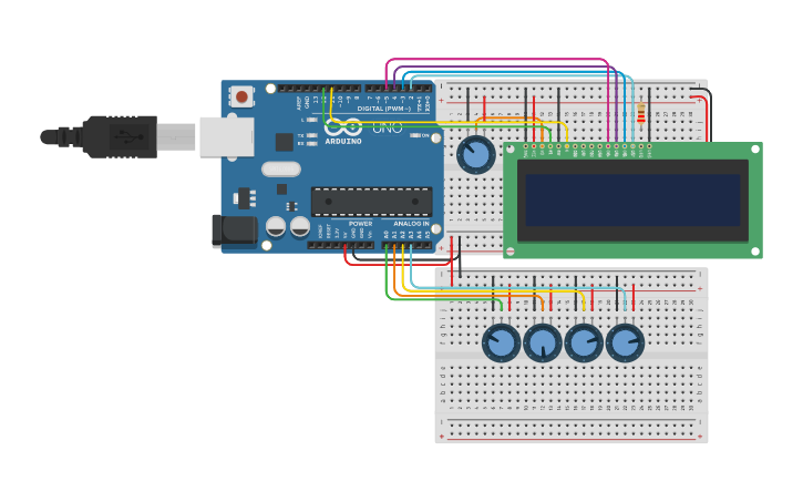 Circuit design 4 POT with LCD | Tinkercad