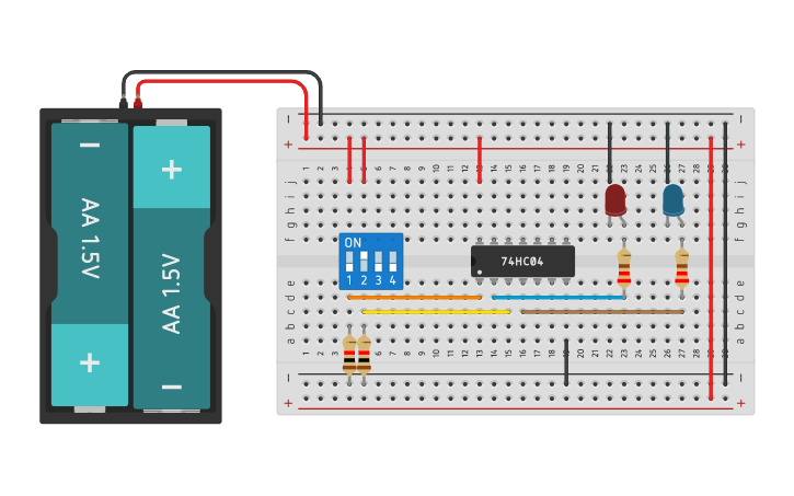 Circuit design 25. Comprobación de la compuerta not (74LS04) - Tinkercad