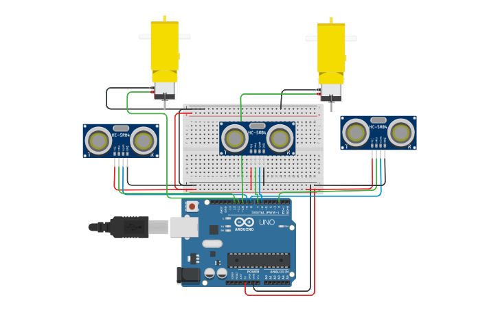 Circuit design 3 Ultrasonic Distance Sensor 2 Motor - Tinkercad