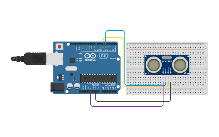 Circuit design Usando sensor ultrassônico HC-SR04. - Tinkercad