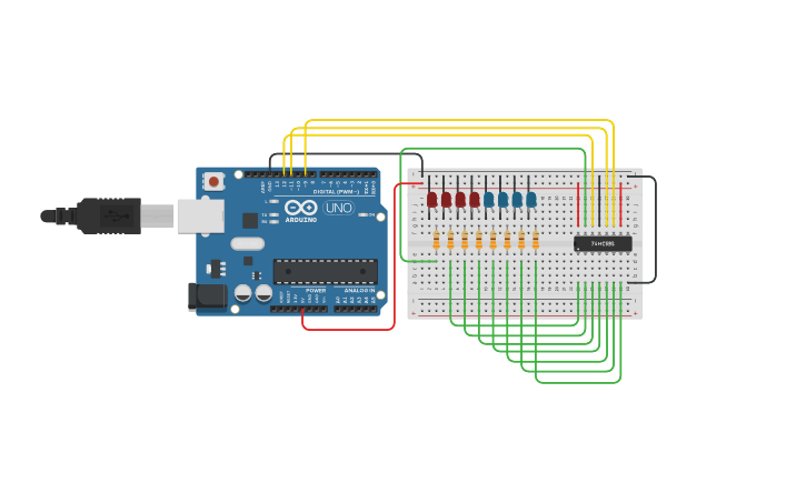 Circuit design Circular shift left and right with 74HC595 - Tinkercad