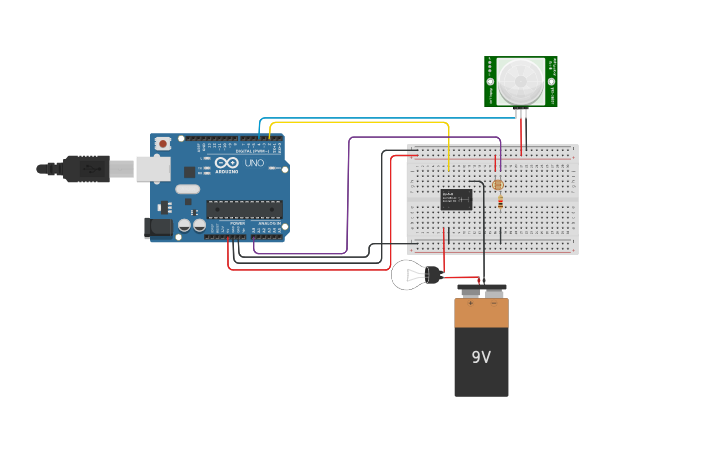 Circuit design Controlo de luz com PIR e Sensor Luz - Tinkercad
