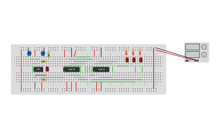 Circuit design 3-bit Ripple Up Counter - Tinkercad
