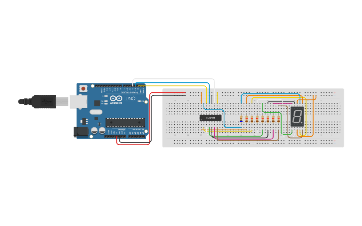 Circuit design Display 7 segmentos con 74HC595 - Tinkercad