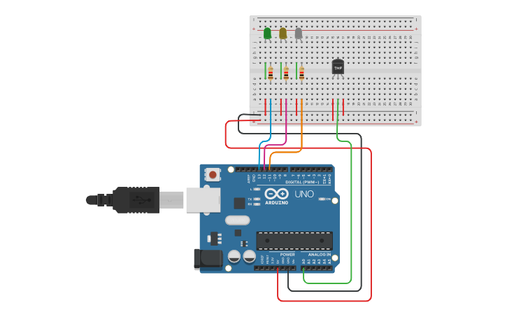 Circuit design 3 LED dan Sensor Suhu | Tinkercad