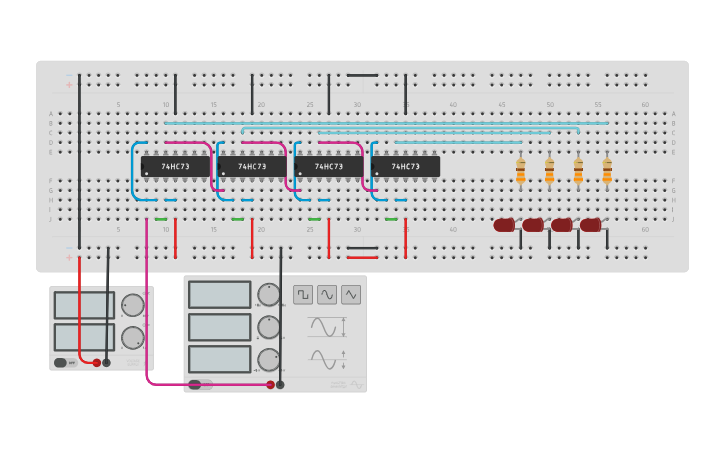 Circuit design 4 bits counter - Tinkercad