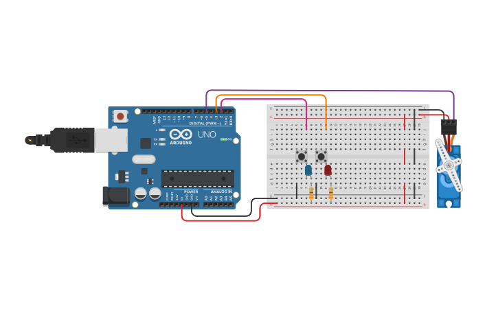 Circuit design servo motor con 2 pulsadores | Tinkercad