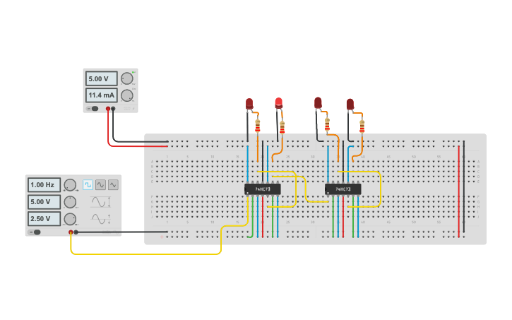 Circuit design 4-bit asynchronous counter - Tinkercad