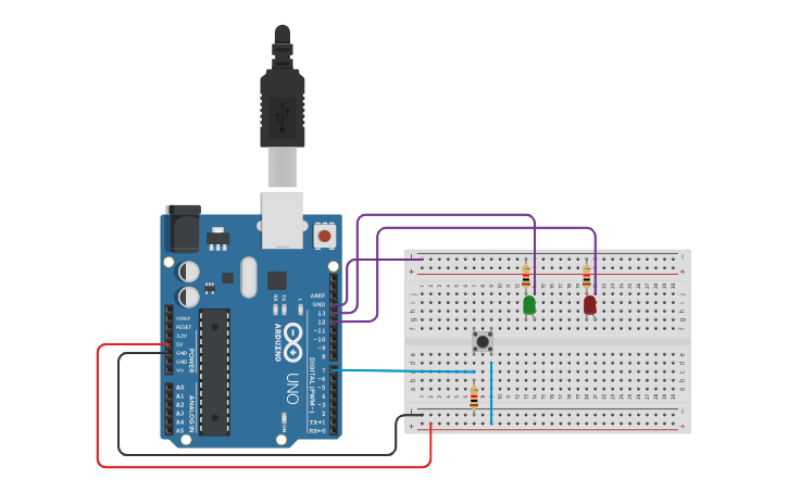 Circuit design pulsador con leds - Tinkercad