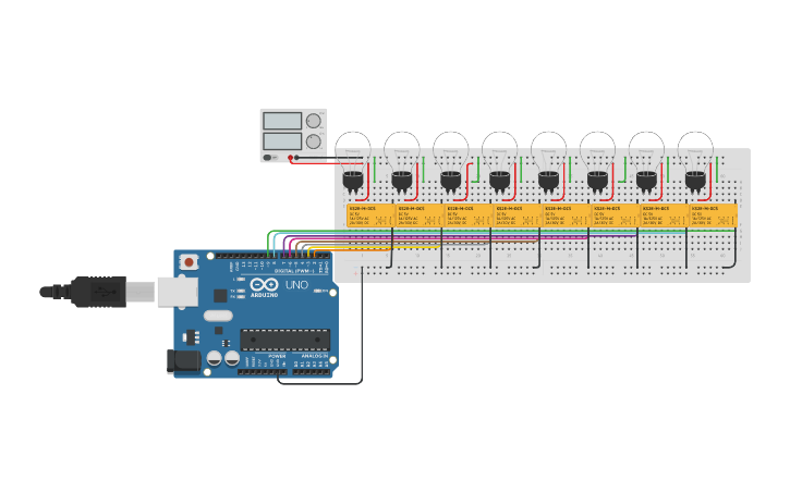 Circuit design Arduino UNO - 8 bombillas y relés - Tinkercad