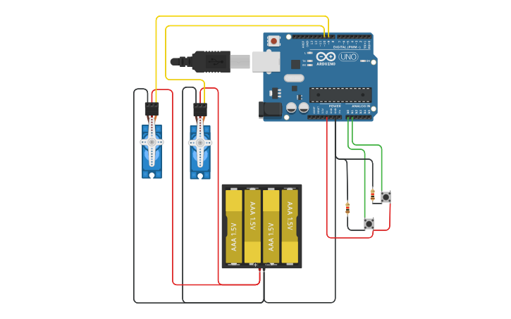 Circuit design two servos 3 buttons (code 1) - Tinkercad