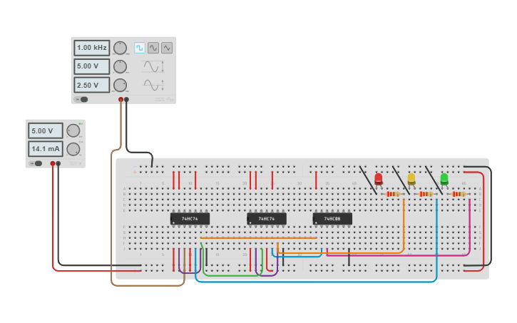 Circuit design traffic light d flip flop | Tinkercad