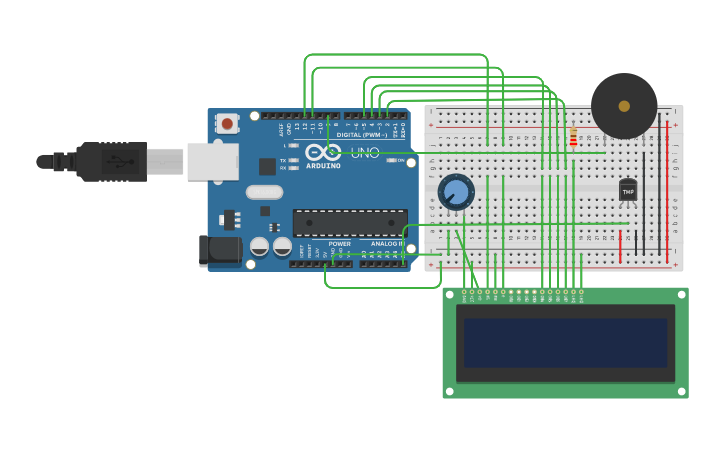 Circuit design Temp + Piezo + LCD Thanakit Boontho | Tinkercad