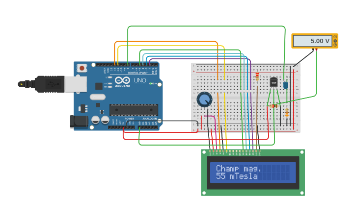 Circuit design Magnetometre à effet Hall avec affichage sur LCD - Tinkercad