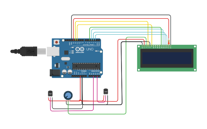 Circuit design PRÁCTICA 1: SENSOR DE TEMPERATURA Y HUMEDAD CON ARDUINO UNO - Tinkercad