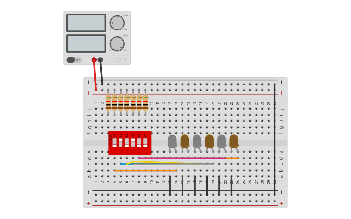 Circuit design SISTEMA BINARIO POTENCIA HASTA 2^5 - Tinkercad