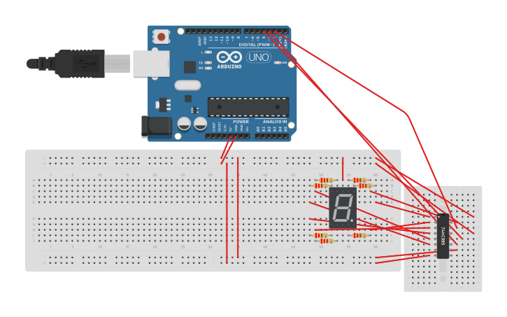 Circuit design 74hc595 7-segment - Tinkercad