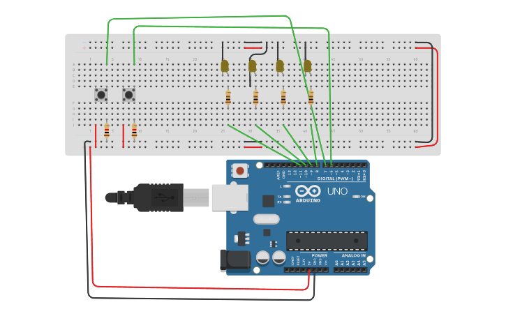 Circuit design binary led, per button sequence - Tinkercad Circuit design binary led, per button sequence - Tinkercad