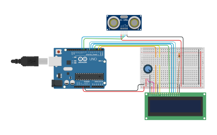 Circuit design Ultrasonic sensor with LCD Display - Tinkercad