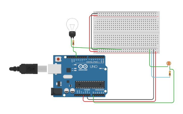 Circuit design sensor cahaya (LDR) Yudis - Tinkercad