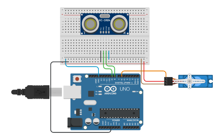 Circuit design Control Servo using Ultrasonic Sensor - Tinkercad