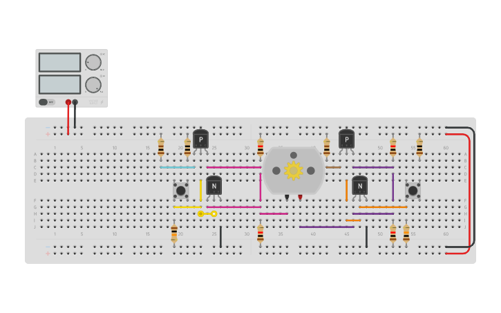 Circuit design Bipolar H-bridge circuit (Pushbutton) | Tinkercad