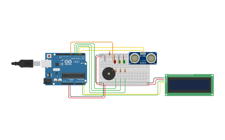 Circuit design Sensor Ultrasonic with leds - Tinkercad