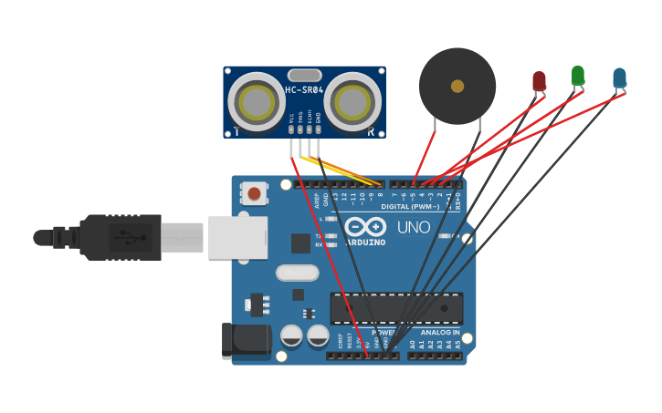 Circuit design ultrasonic sensor with led - Tinkercad
