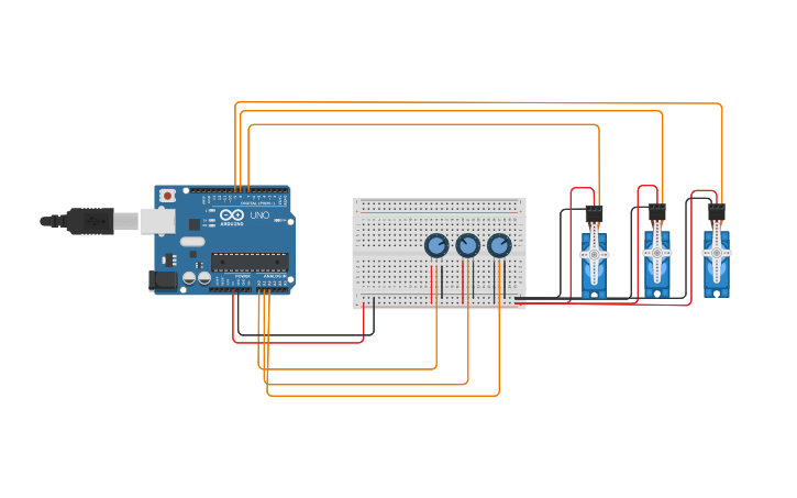 Circuit design three servo motor with potentiometer | Tinkercad