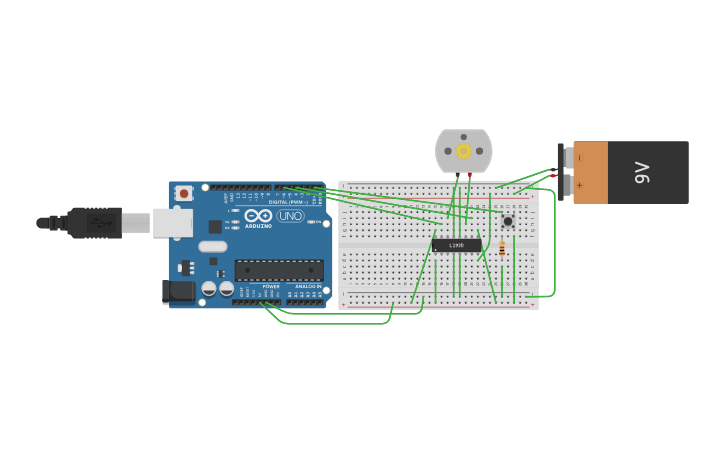 Circuit design dc motor using push button - Tinkercad