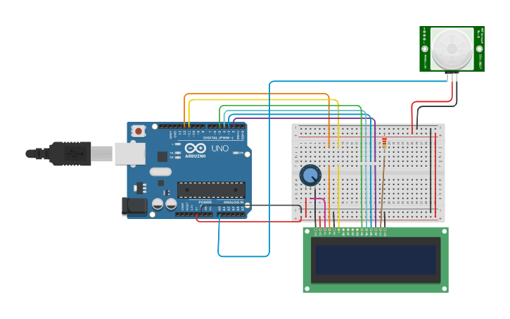 Circuit design PIR_WITH_LCD_SERIAL_MONITOR | Tinkercad