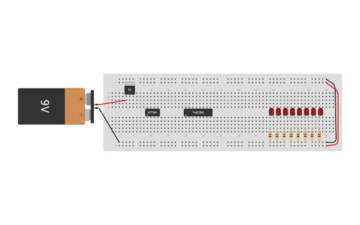 Circuit design ATtiny with 8-bit Shift Register - Tinkercad