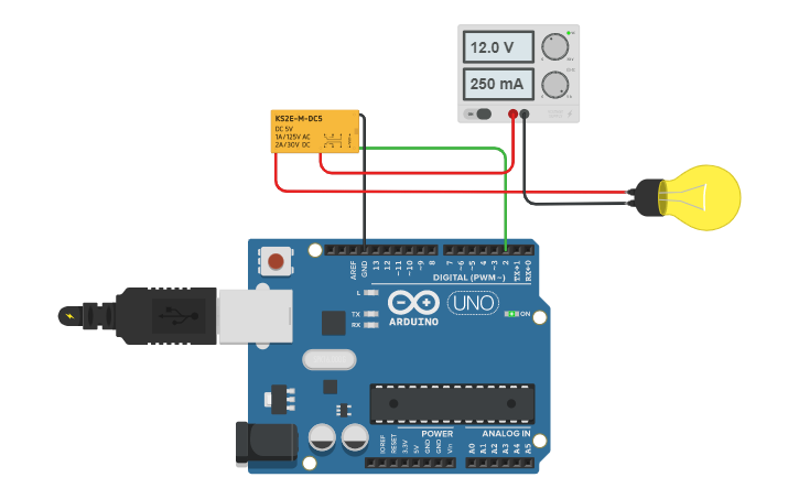 Circuit design Relé 5V DC Aciona Lâmpada 12V | Tinkercad